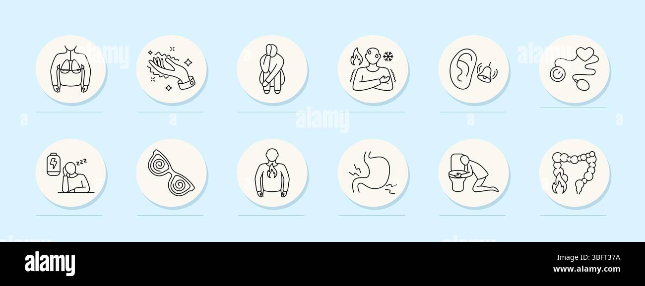 Panic attack set icon. Chest pain, hand tremor, crouching stress, heat ...