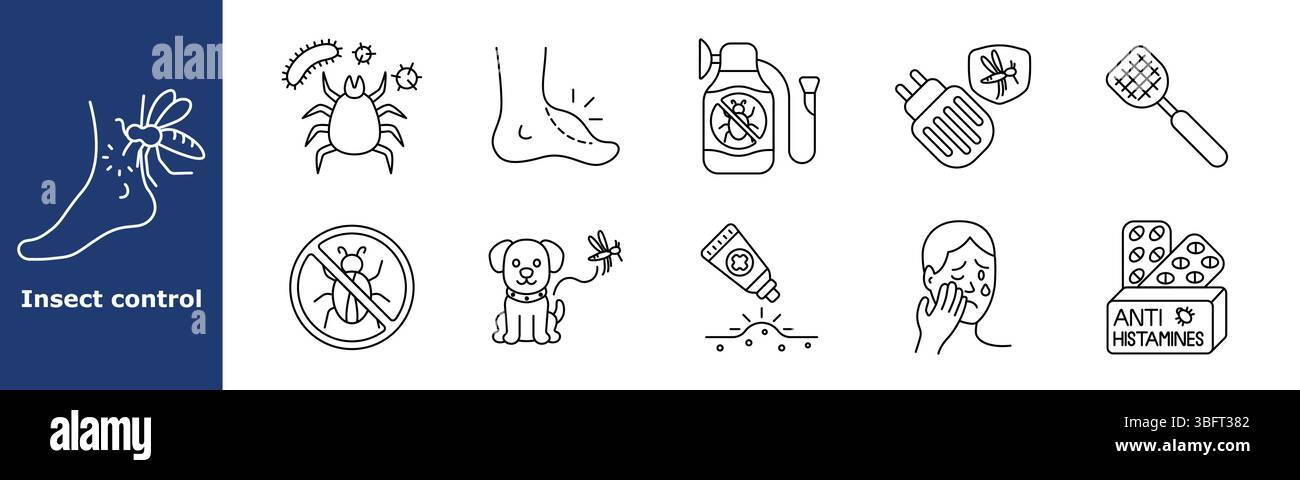 Insect control set icon. Mosquito on leg, tick, bite wound, repellent ...