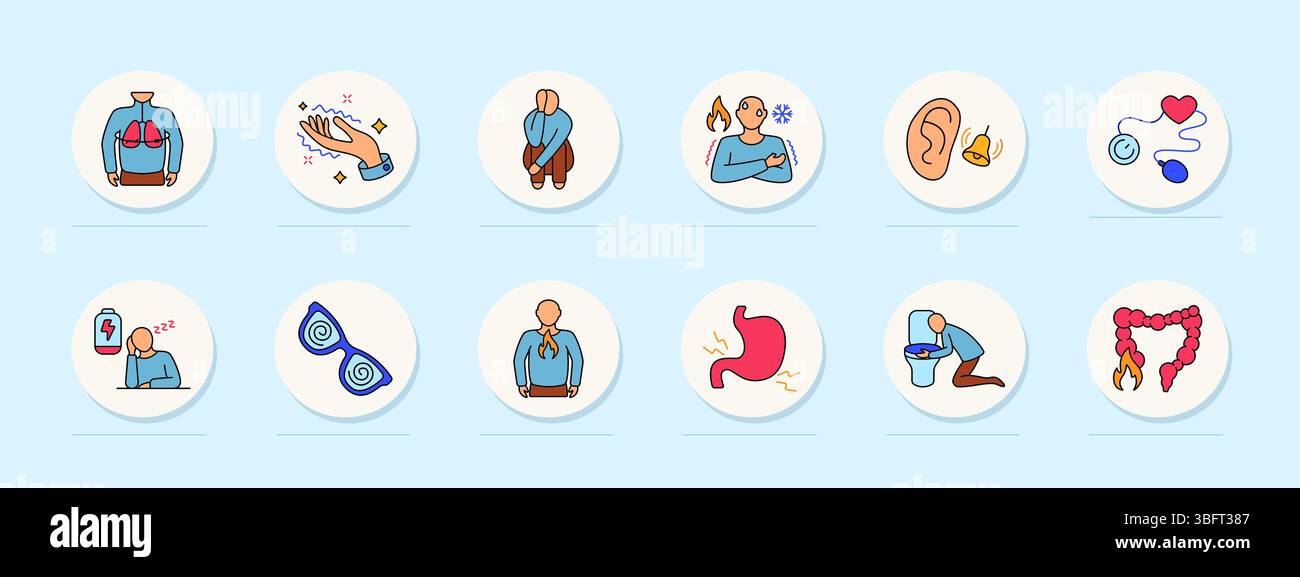 Panic attack set icon. Tight chest, trembling, anxiety, body heat, ear ...
