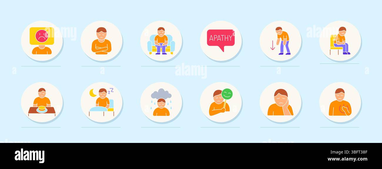 Depression symptoms set icon. Sadness, apathy, isolation, loss of ...