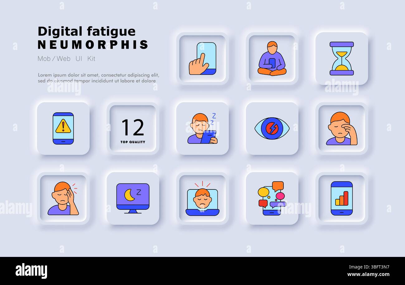 Digital fatigue color set icon. Blue light, phone use, sleepy user, tapping, overload, alert ...