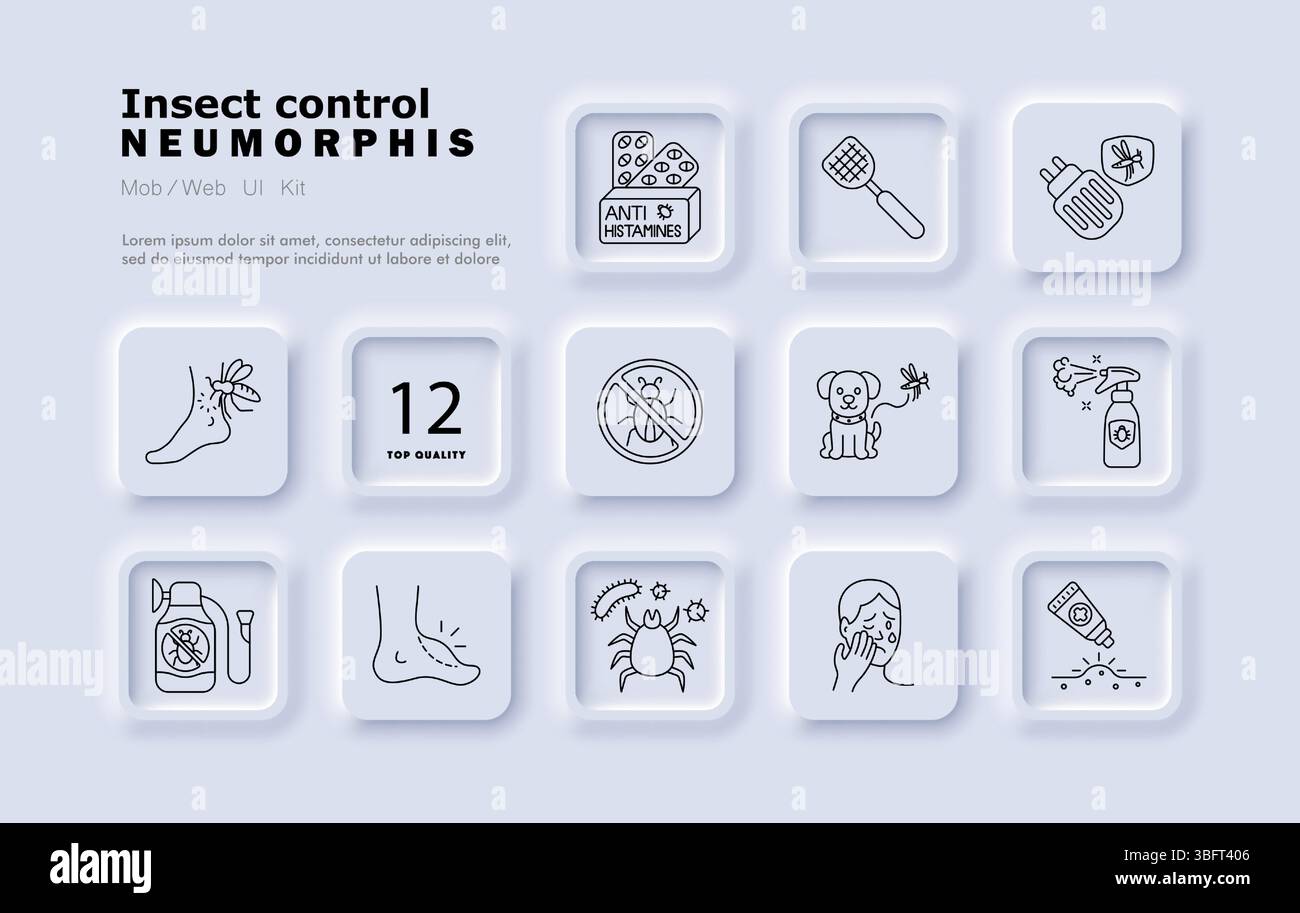 Insect control set icon. Bite, fly swatter, antihistamine pills ...
