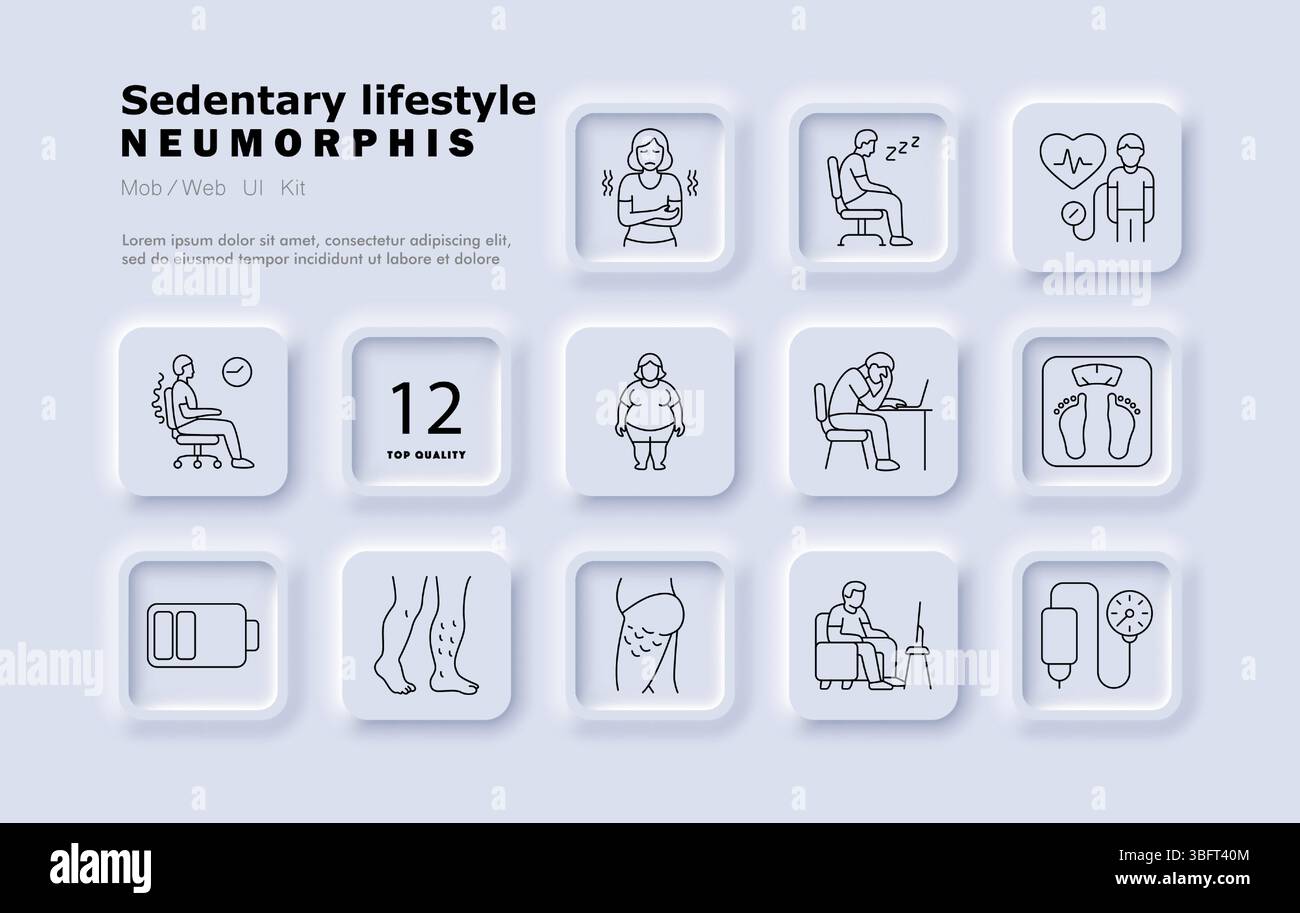 Sedentary lifestyle set icon. Seated person, poor posture, tiredness ...