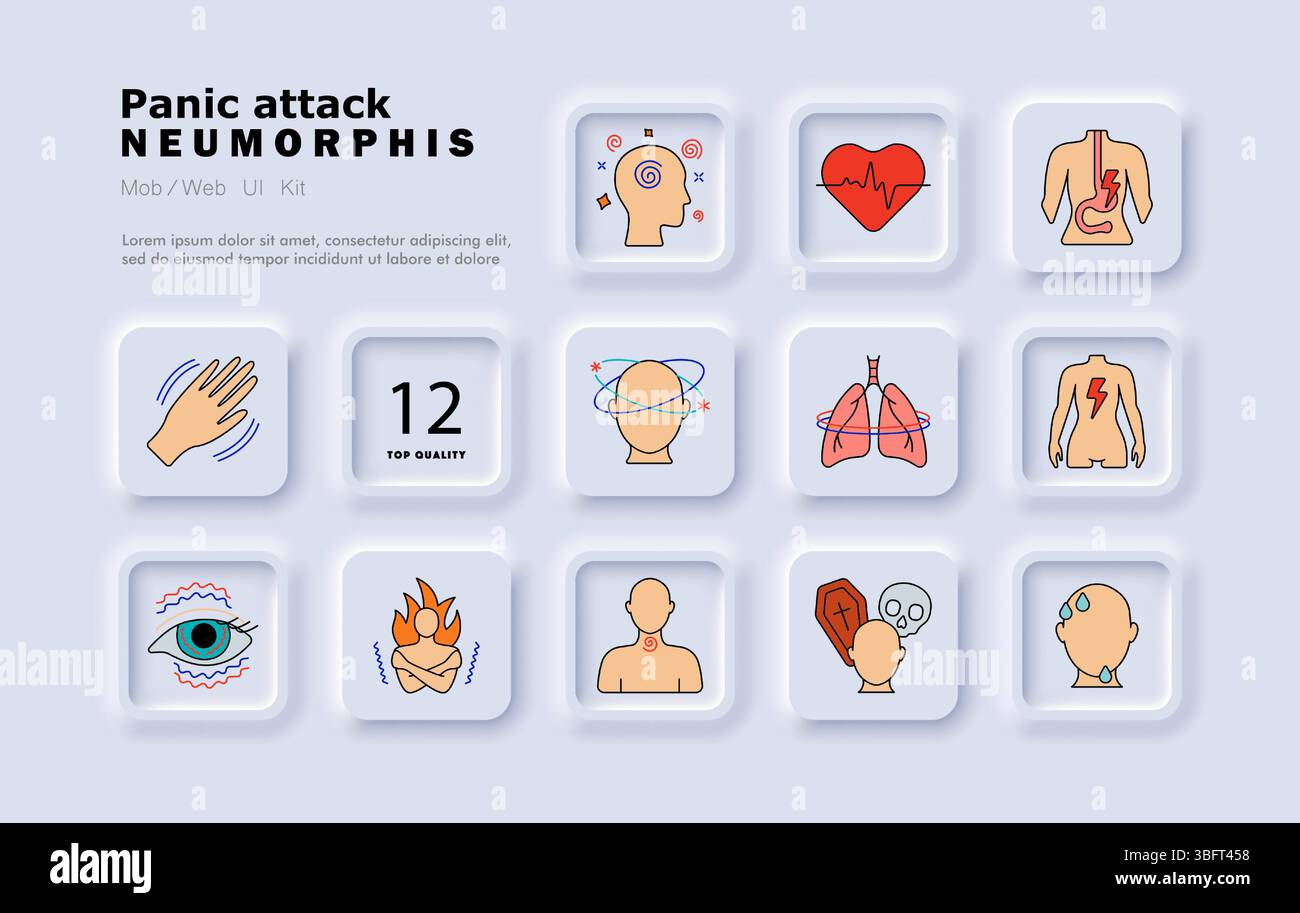 Panic attack set icon. Breathing issue, bowel cramp, dizziness ...