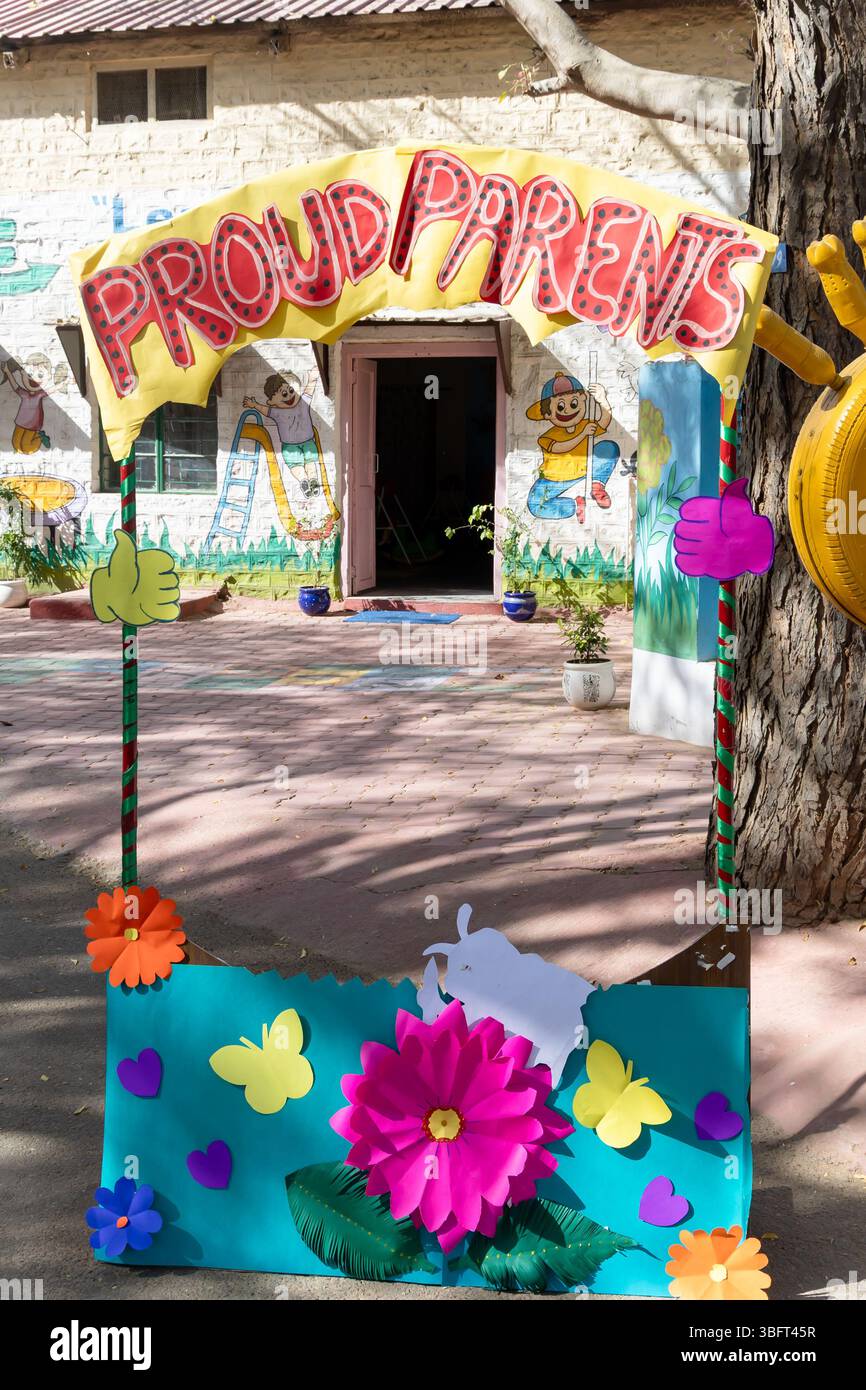 proud parents photo booth kept at preschool at day Stock Photo - Alamy