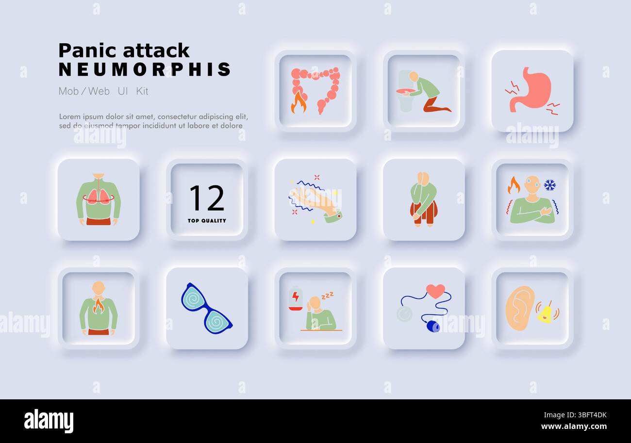 Panic attack set icon. Lungs tension, stomach burn, toilet sickness ...
