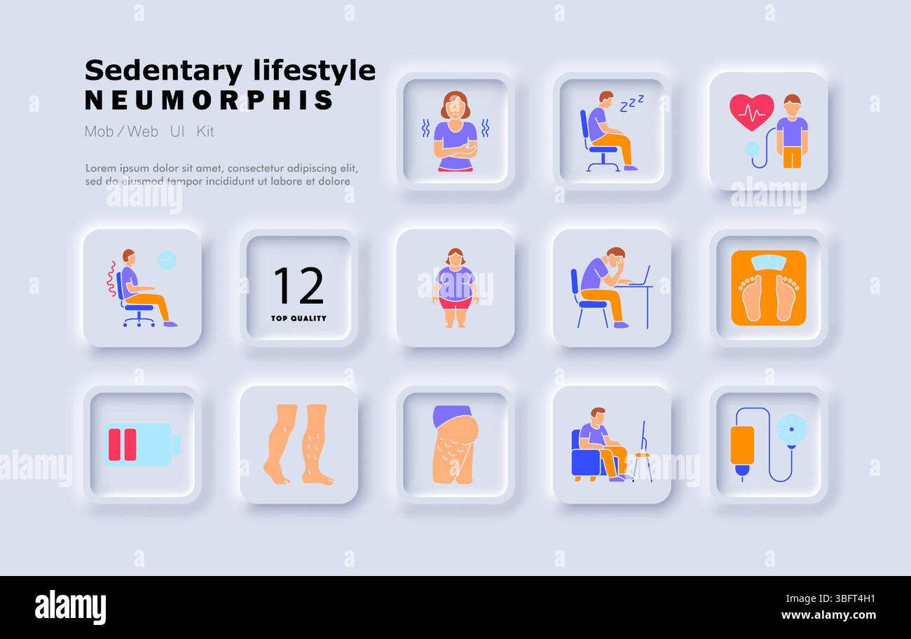 Sedentary lifestyle set icon. Seated person, poor posture, swelling ...