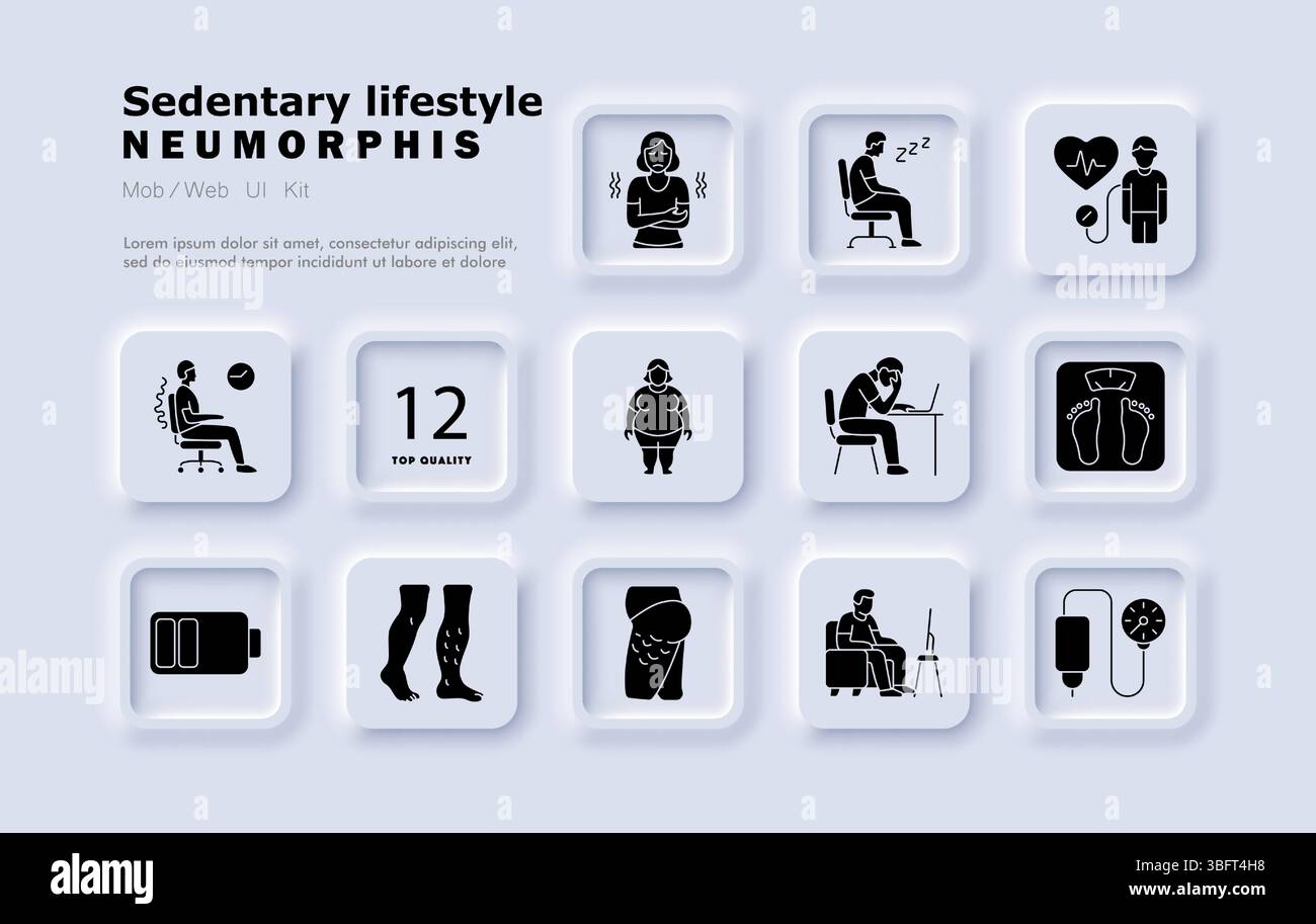 Sedentary lifestyle set icon. Seated person, body aches, office chair ...