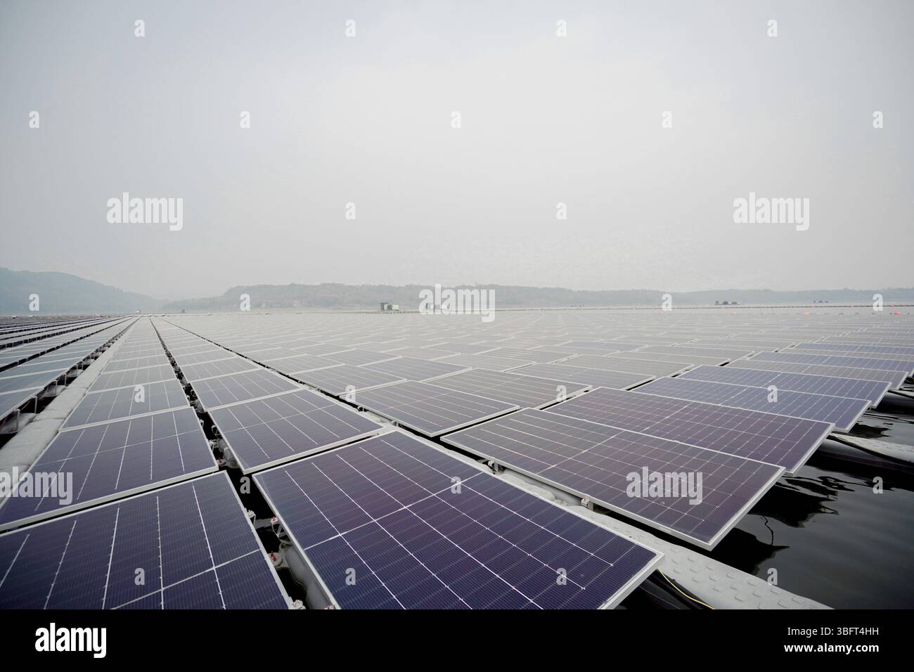 Floating solar panels on a reservoir. A renewable energy solution utilizing solar photovoltaic ...
