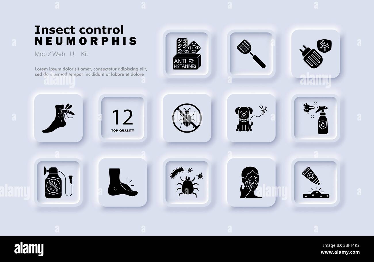 Insect control set icon. Mosquito bite, antihistamine, swatter, bug ...