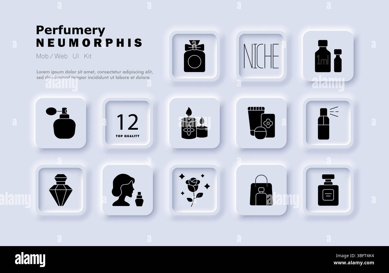 Perfumery set icon. Spray bottle, aroma candle, cream, luxury vial ...