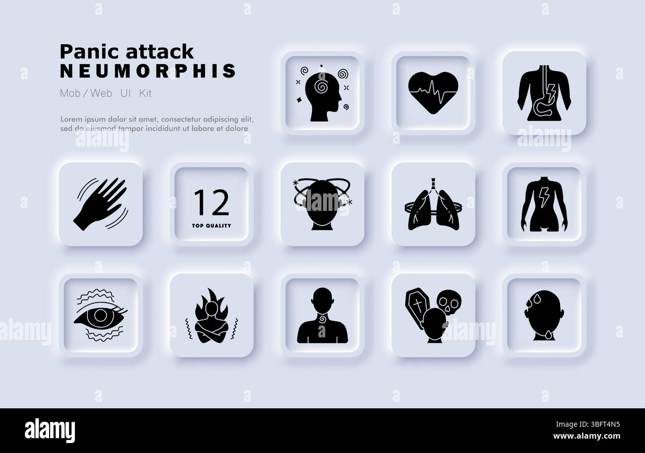 Panic attack set icon. Shaking hand, dizzy mind, fast heartbeat ...