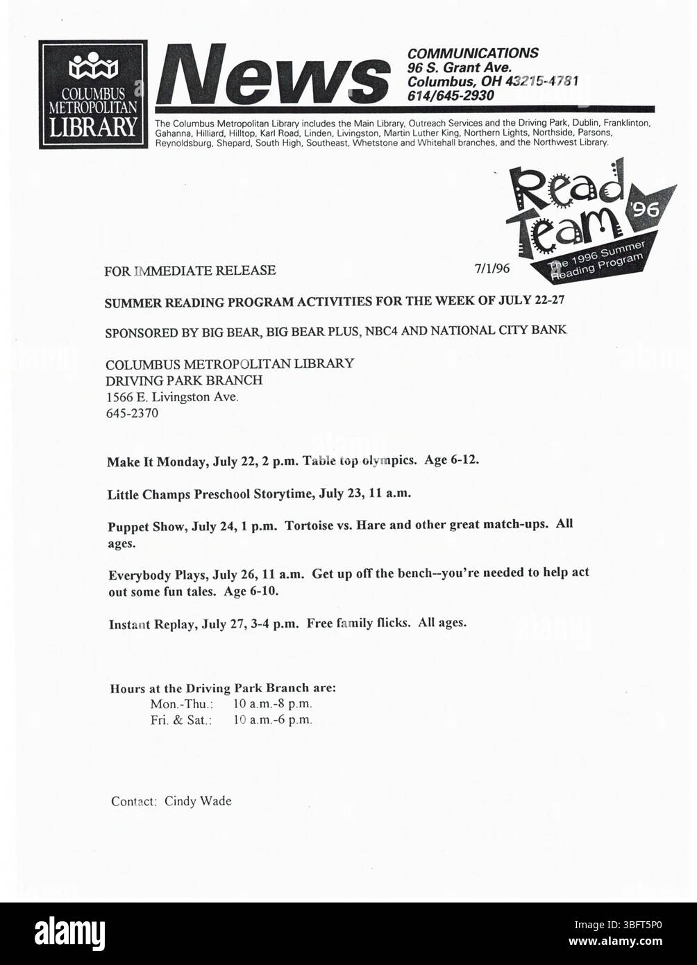 This section of July 1996 press releases highlights library-sponsored ...