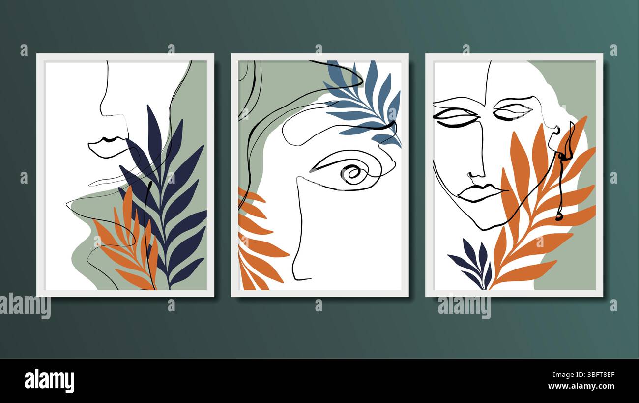 Oneline Feminine Minimalist Abstract Poster Set Art Woman Face Monoline ...