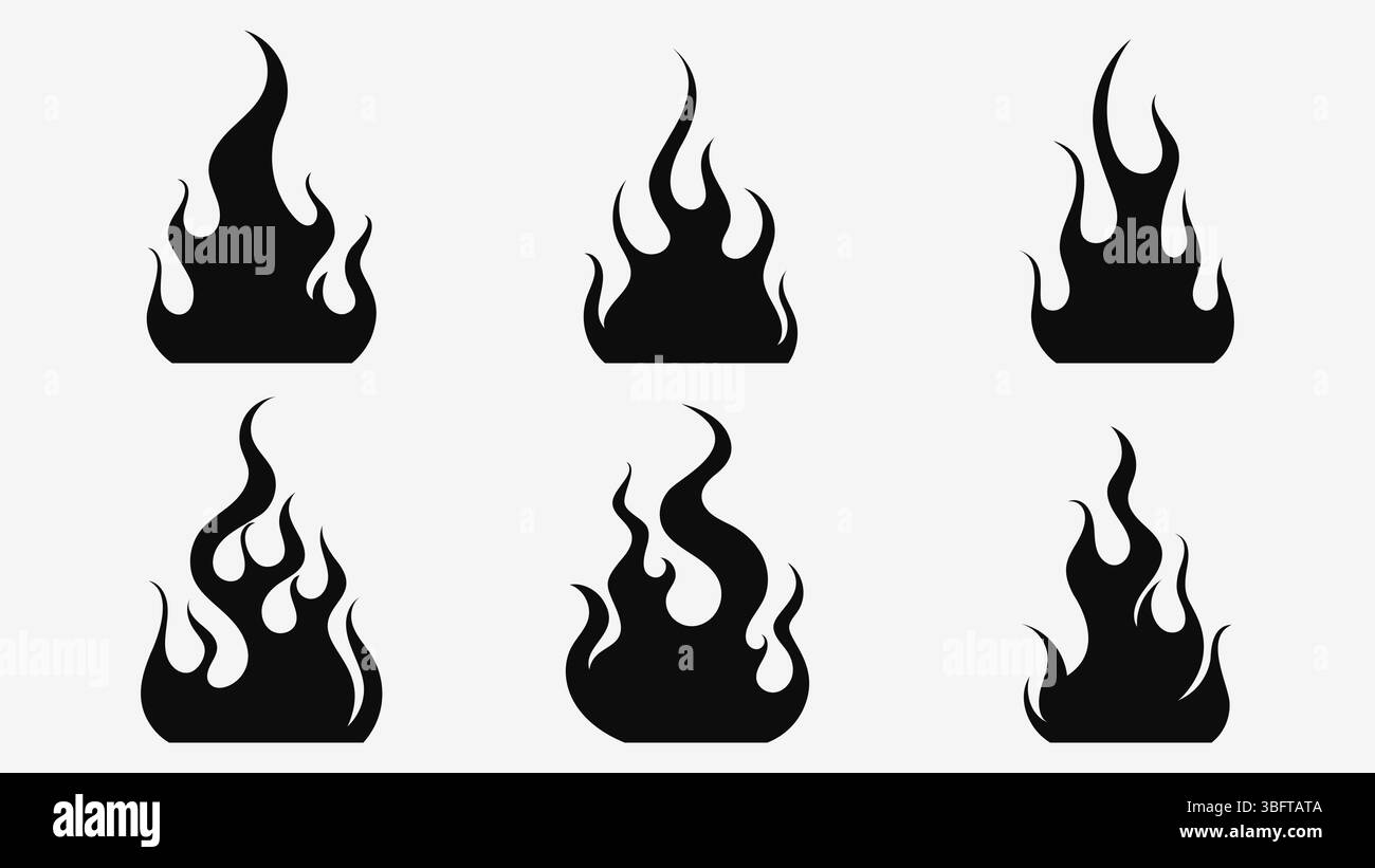 Flame silhouettes in classic style. Set of black vector fire ...