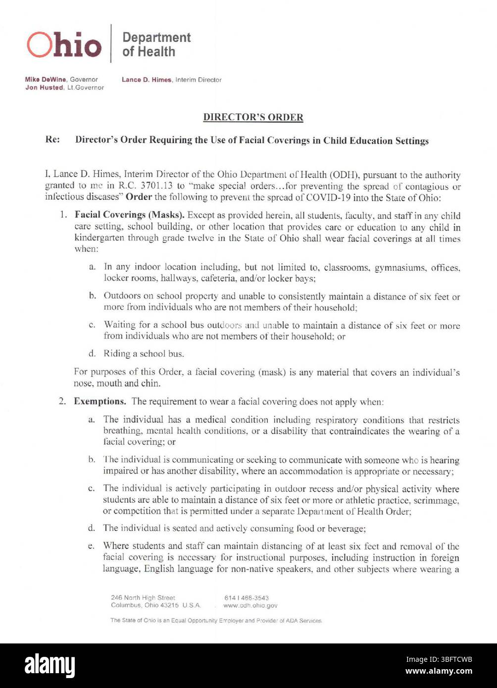This director's order, signed on August 13, 2020, mandates the use of ...