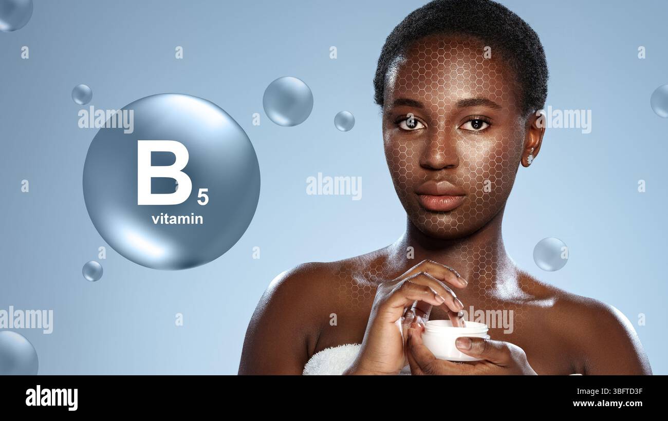 Beautiful woman applies skincare product with vitamin B5 on her skin in ...
