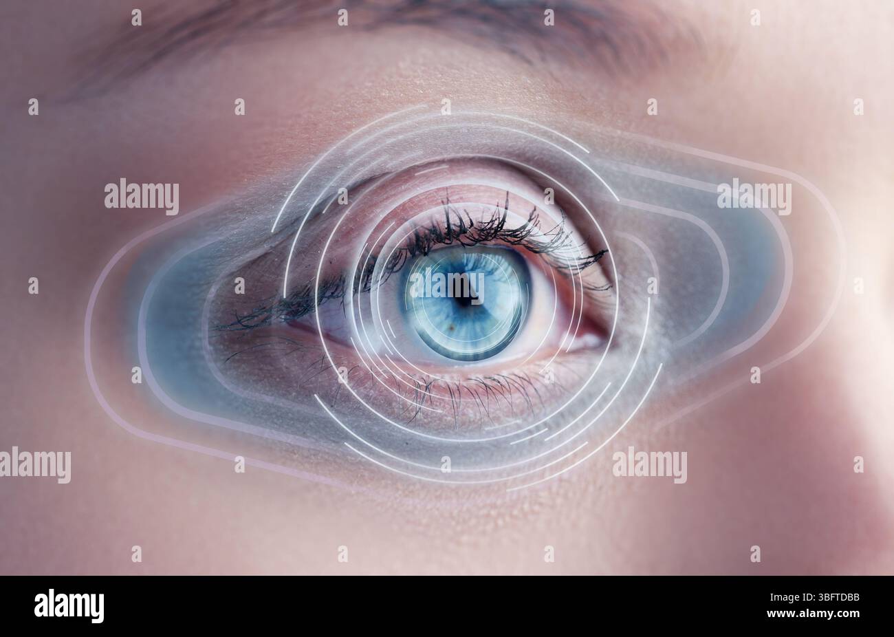 Digital eye interface technology showing futuristic enhancements in a close-up of a human eye ...
