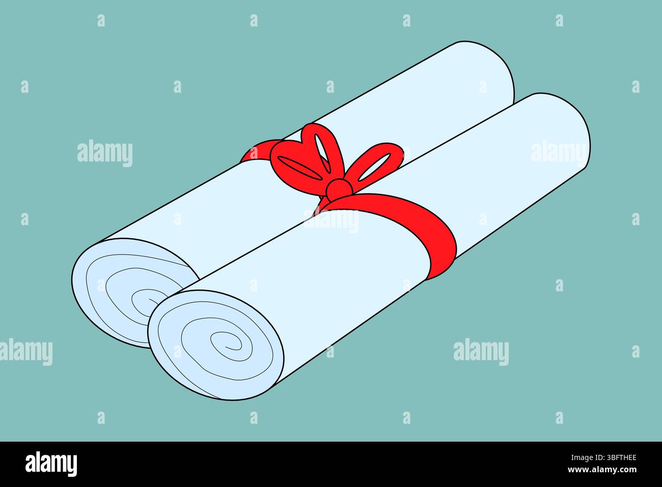 Illustration two rolled diplomas tied with red ribbon on teal ...