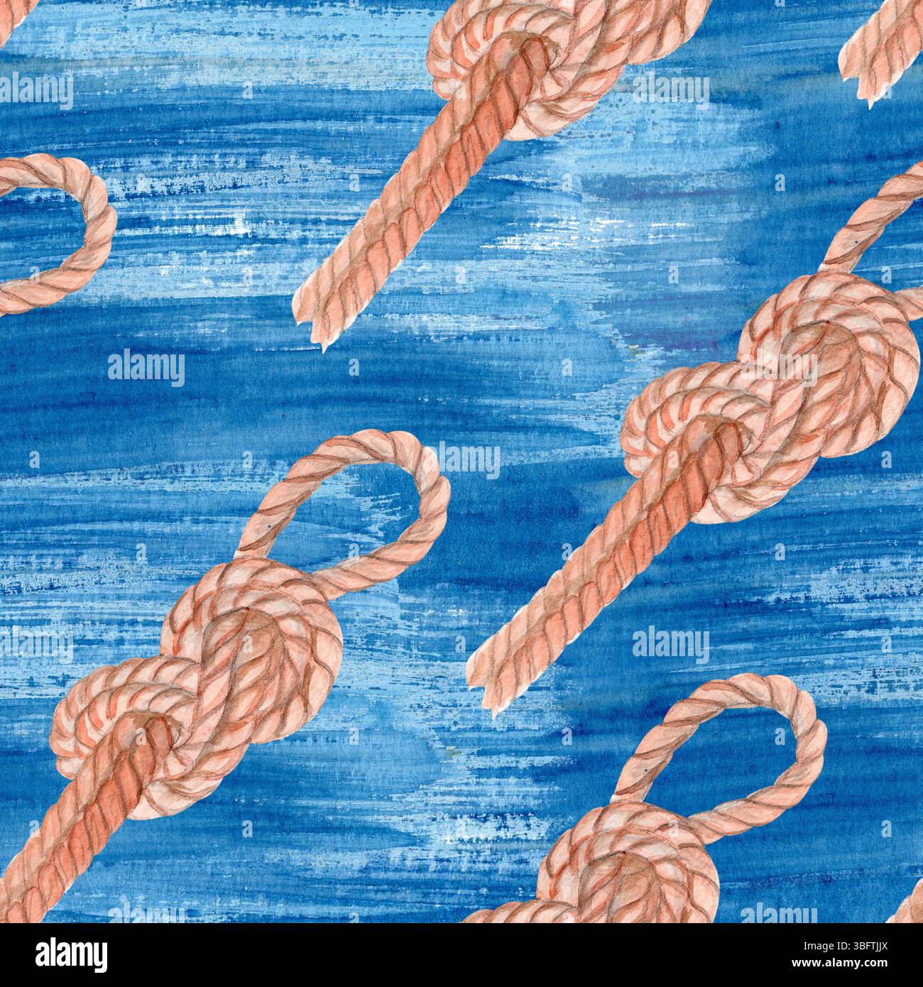 Sailor's rope, tied into a reef knot seamless pattern on blue ...