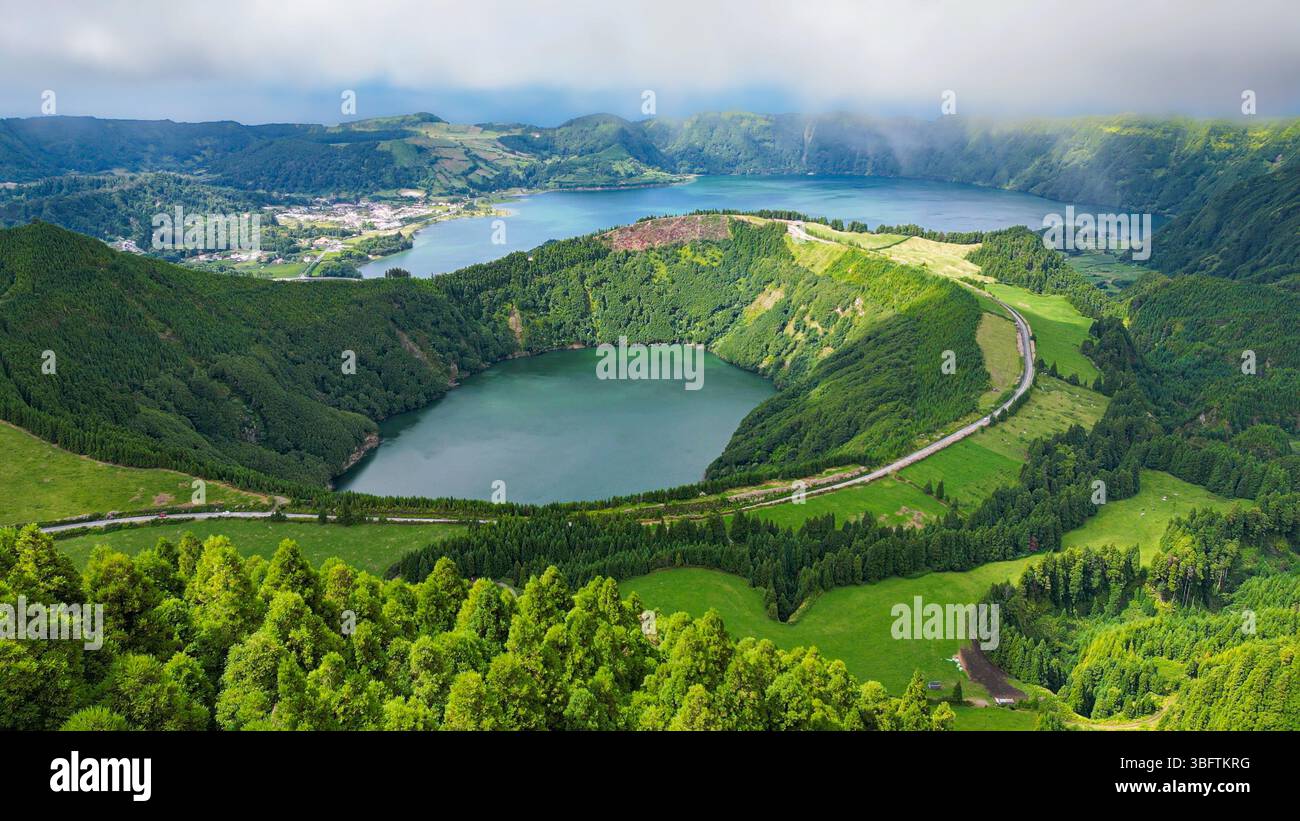 Aerial view of the scenic Sete Cidades crater lakes. Mountains, forest ...