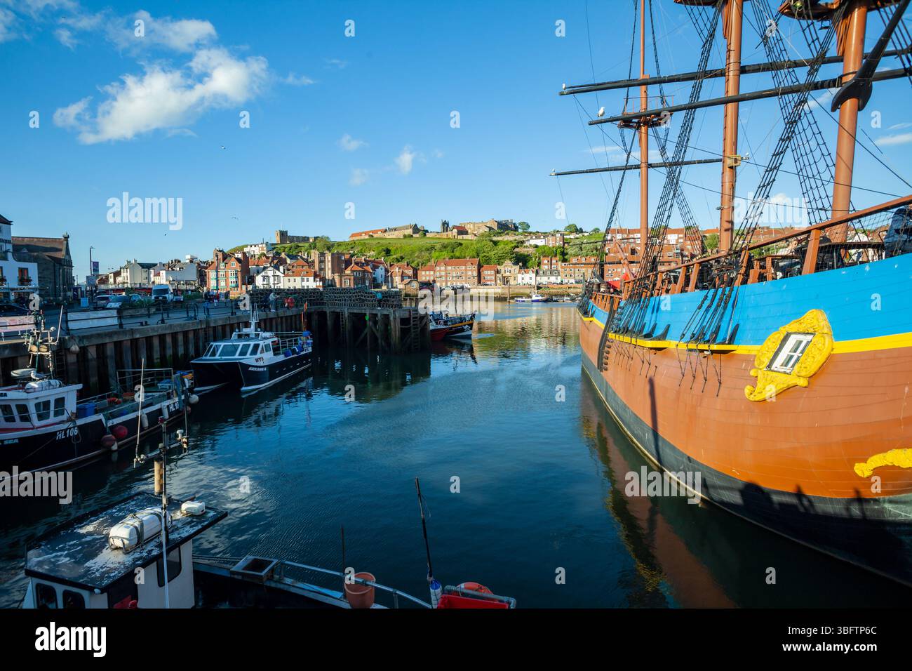 HMS Endeavour at Whitby Harbour, North Yorkshire, England Stock Photo ...