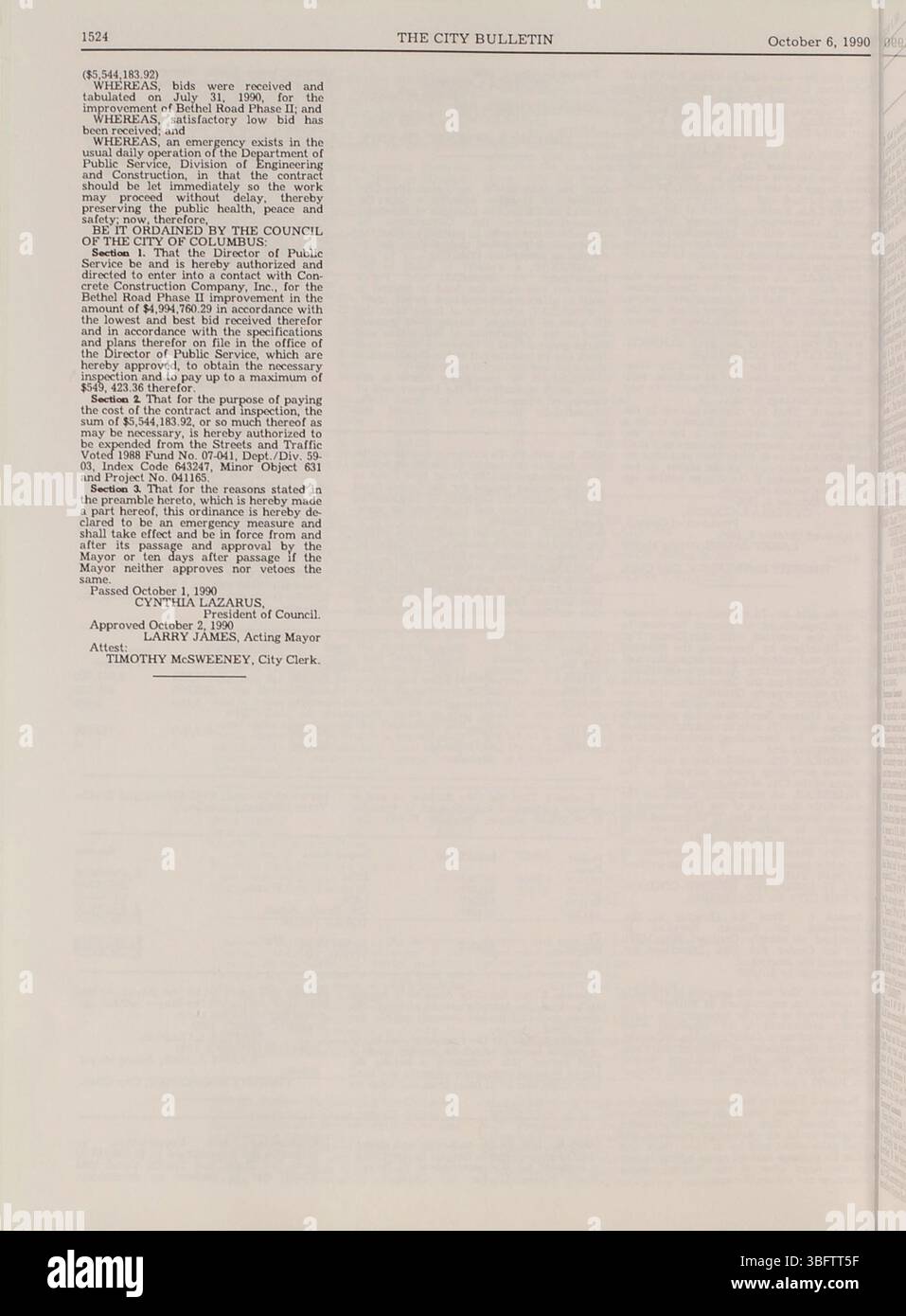 This page of the 1990 Columbus City Bulletin contains updates on ...