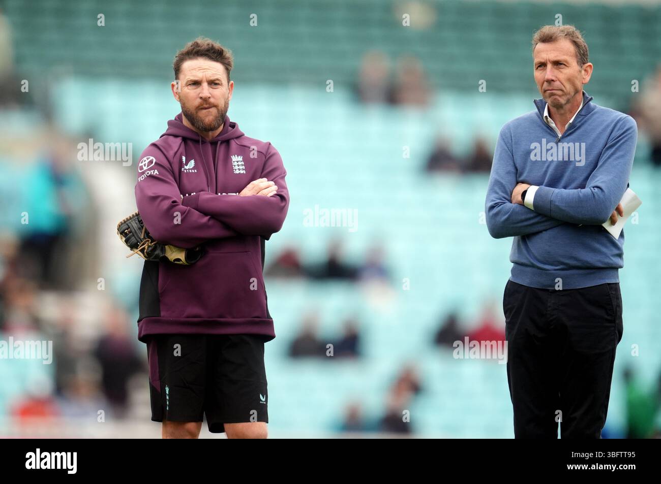 England head coach Brendon McCullum alongside Michael Atherton (right ...