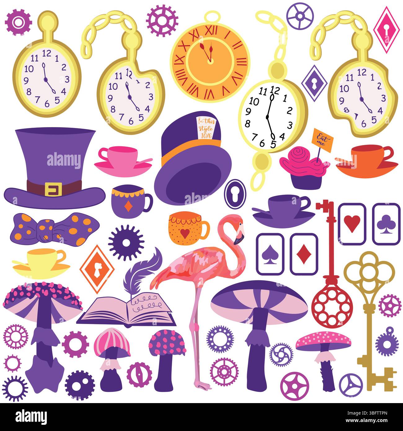 Big set of Wonderland vector illustrations. White rabbit, Alice, cat ...