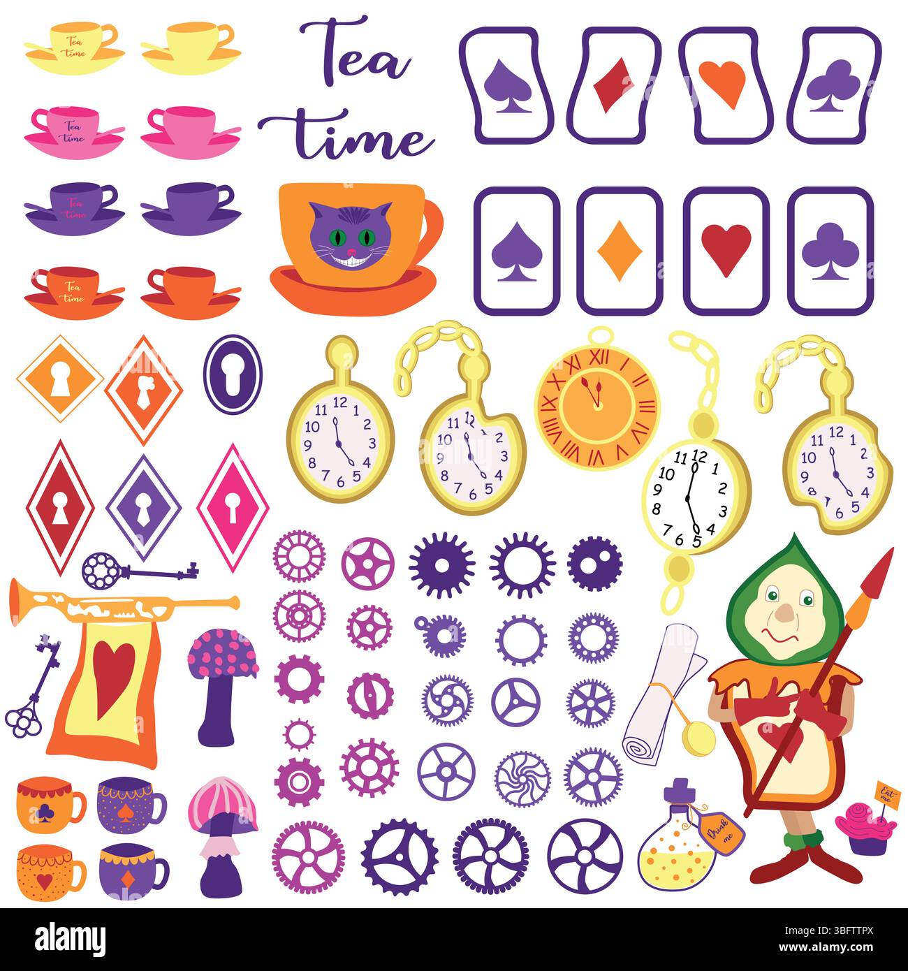 Big set of Wonderland vector illustrations. White rabbit, Alice, cat ...