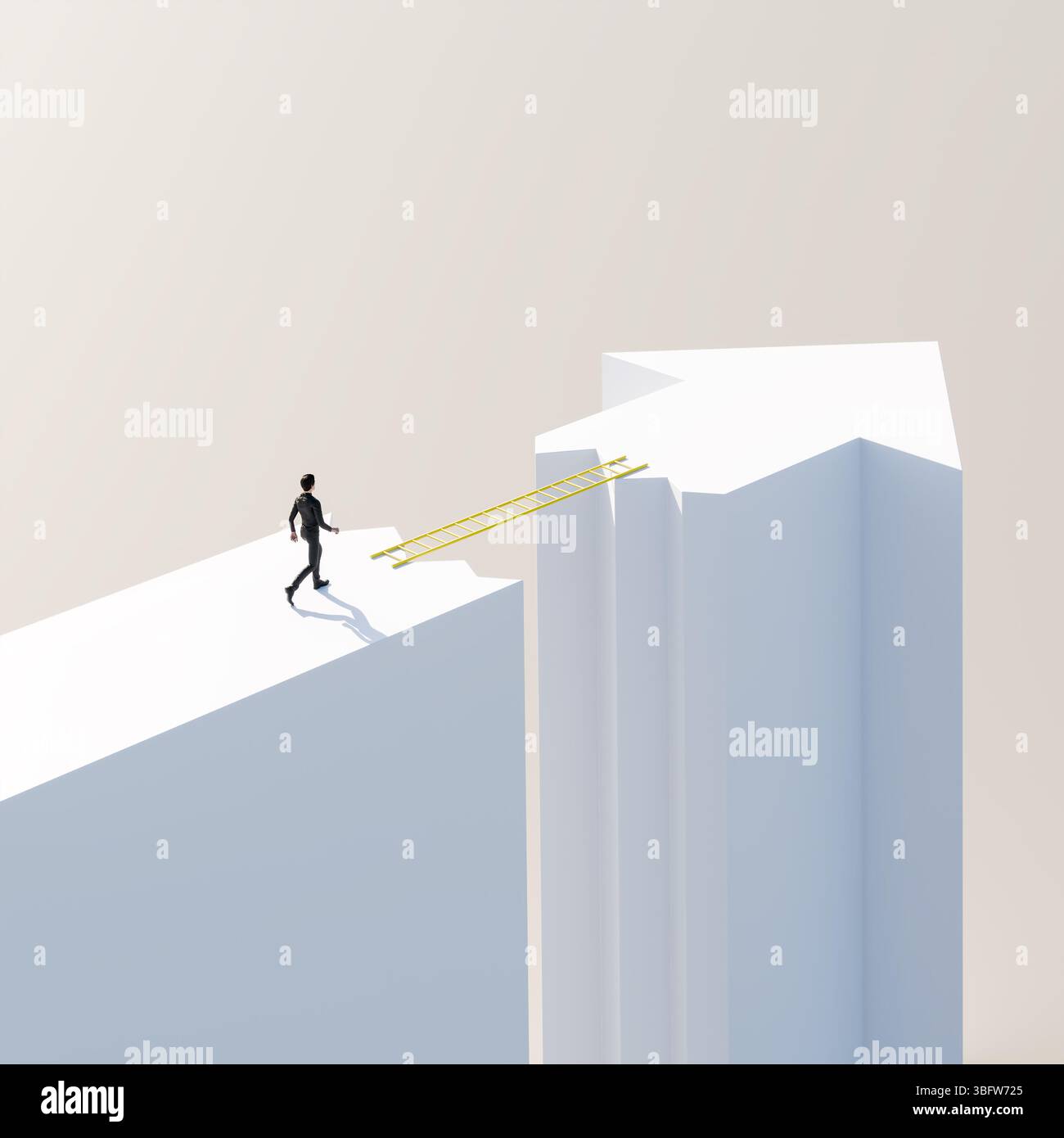 A businessman approaching a ladder bridging the edge of a broken arrow ...