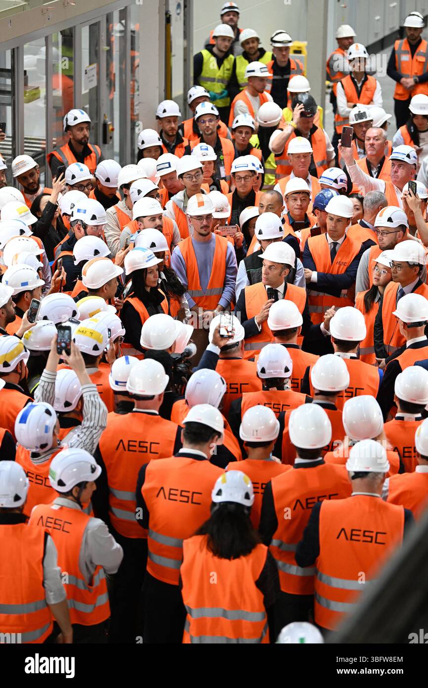 Douai, France. 03rd June, 2025. France's President Emmanuel Macron delivers a speech during a ...