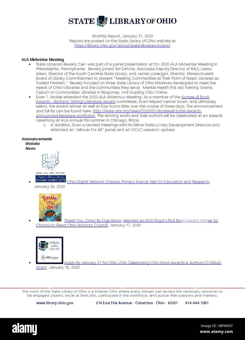 The State Library of Ohio monthly report provides updates on library ...