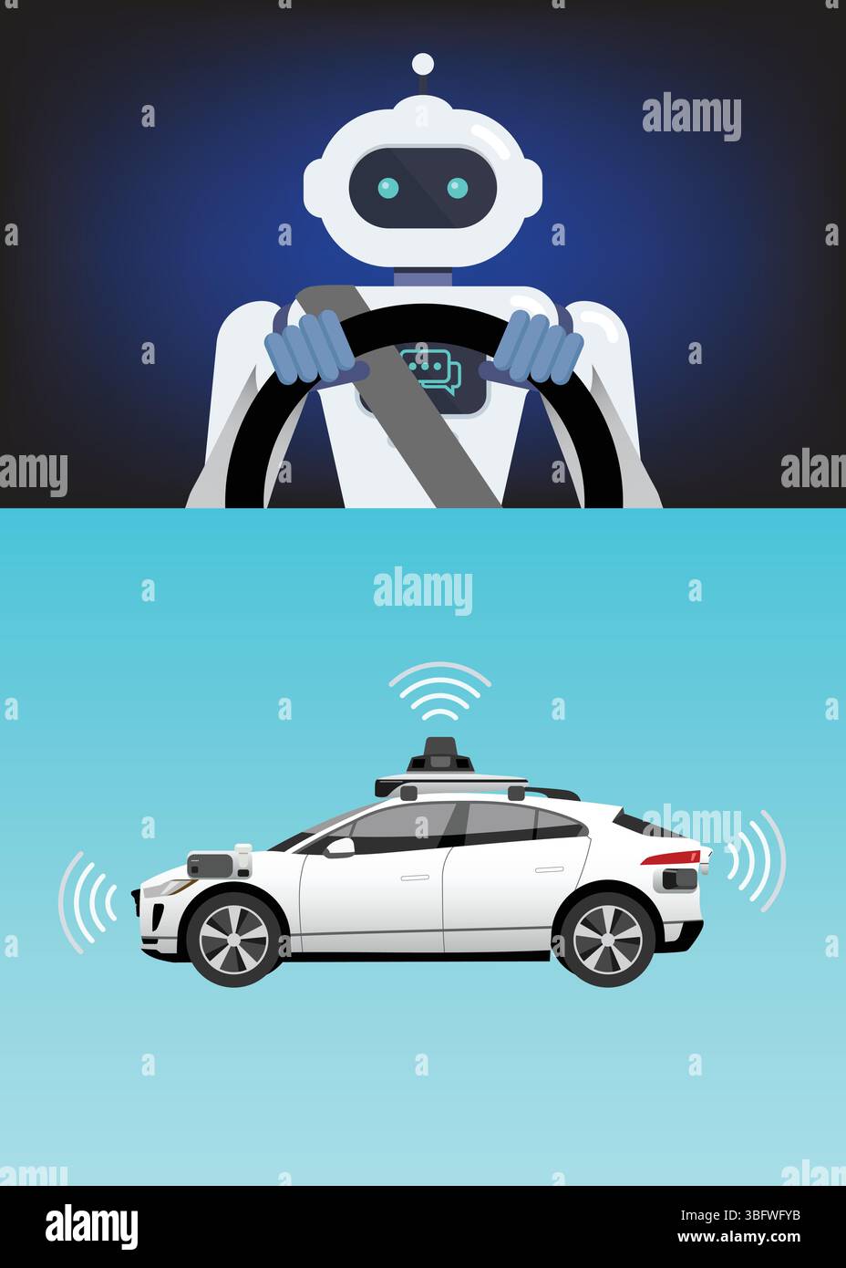 Robot is driving a car. Autonomous driving technology concept ...
