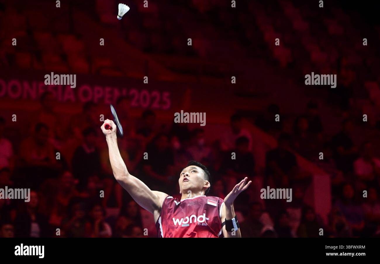 Jakarta, Indonesia. 3rd June, 2025. Jonatan Christie hits a return during the men's singles ...