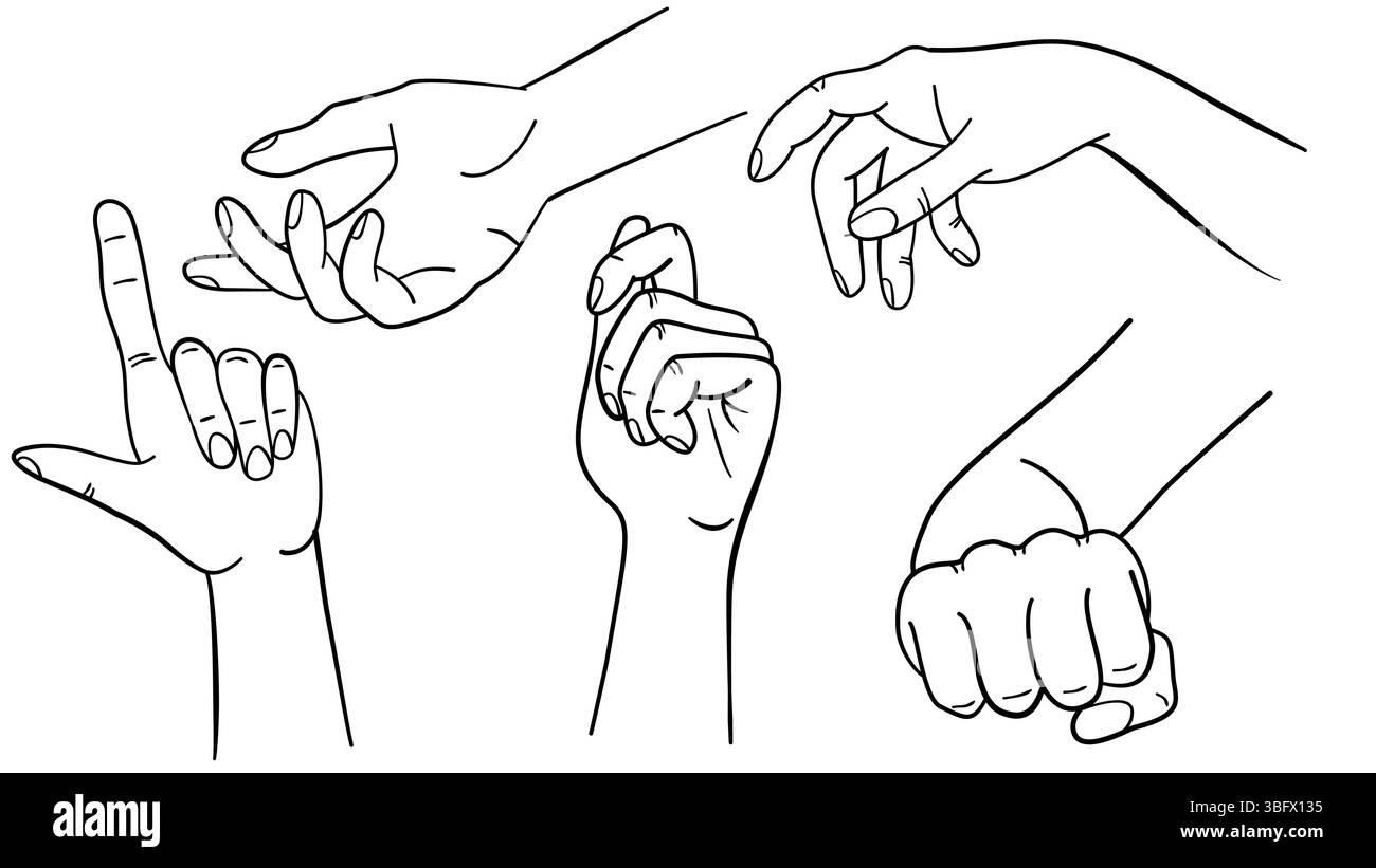 Hand gestures and palms line illustration set isolated on a white background, hand collection ...