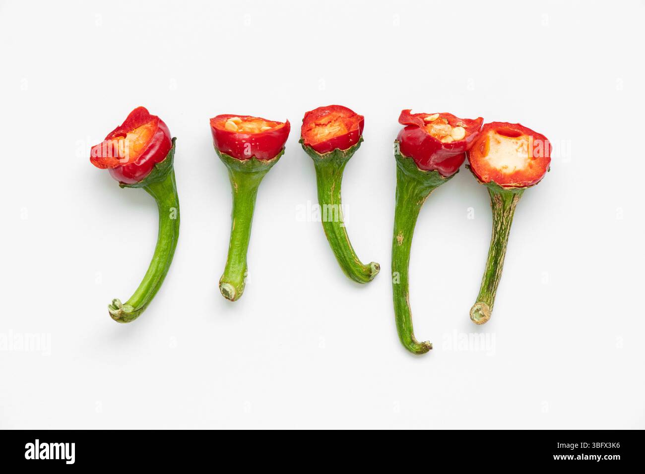 Hot red pepper tails on white background, cut parts of capsicum chilli ...