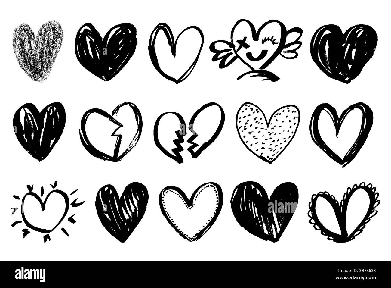 Grunge hearts icons. Scribble ink grunge different heart shapes. Doodle ...