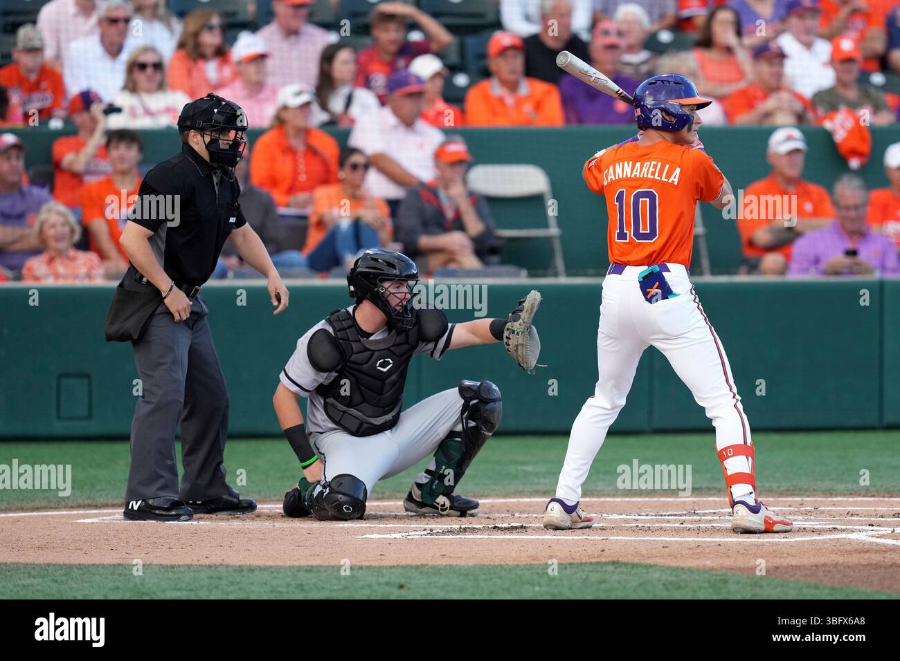 Cam Cannarella (10) of the Clemson Tigers at bat in an NCAA Regional ...