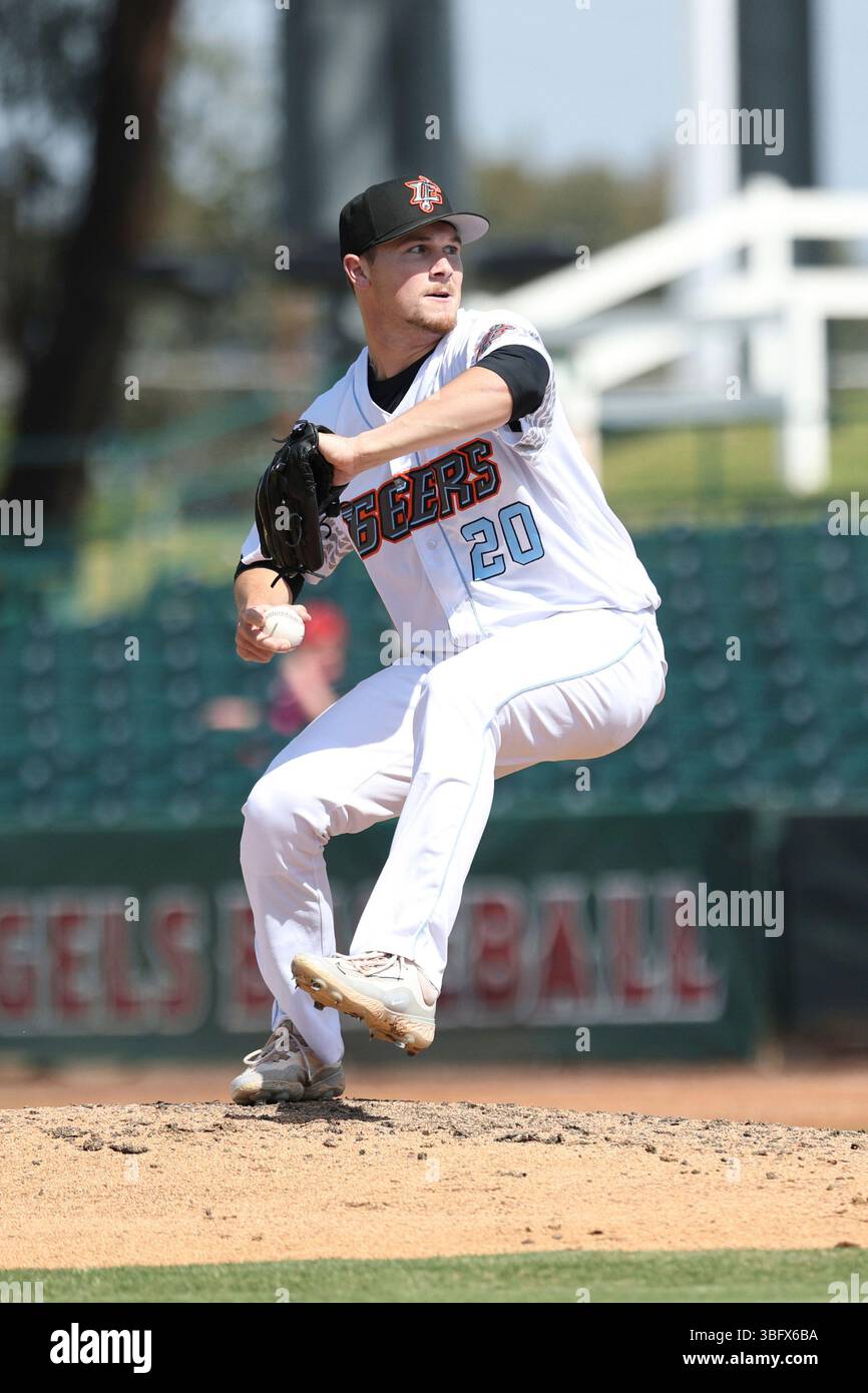 Kyle Roche (20) of the Inland Empire 66ers pitches against the Modesto ...