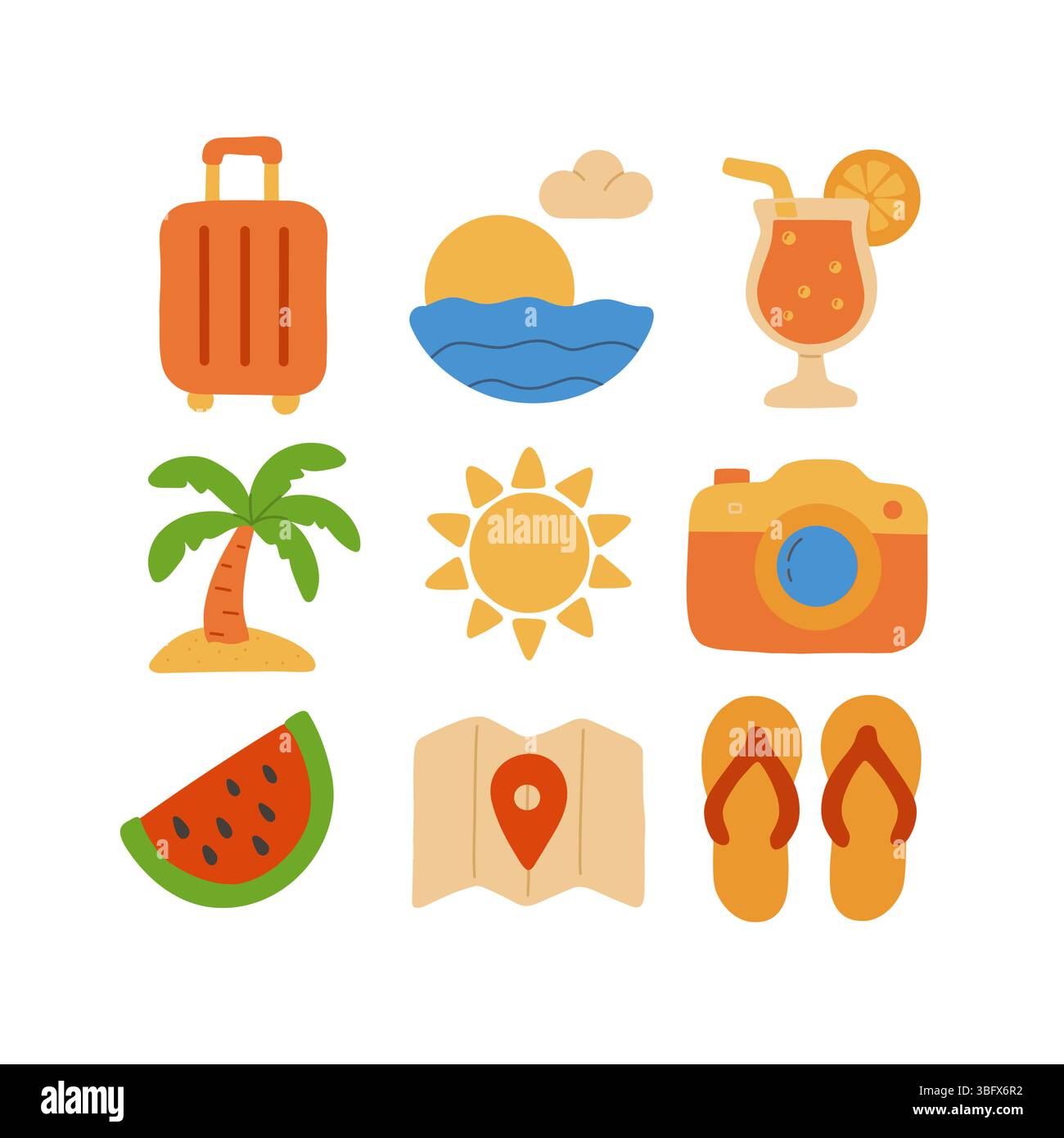 Sunny vacation icons vector illustration featuring suitcase, sunset ...