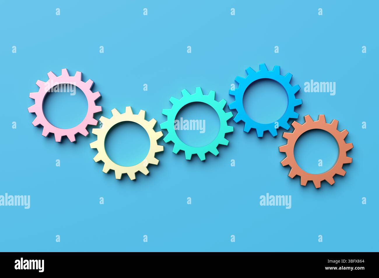 Five colorful gears interlock, symbolizing teamwork, collaboration, and ...
