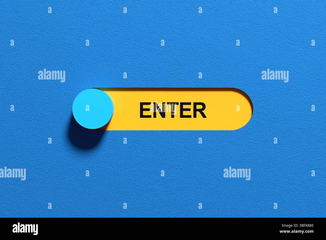 Blue button slides on a yellow background, revealing enter, symbolizing ...