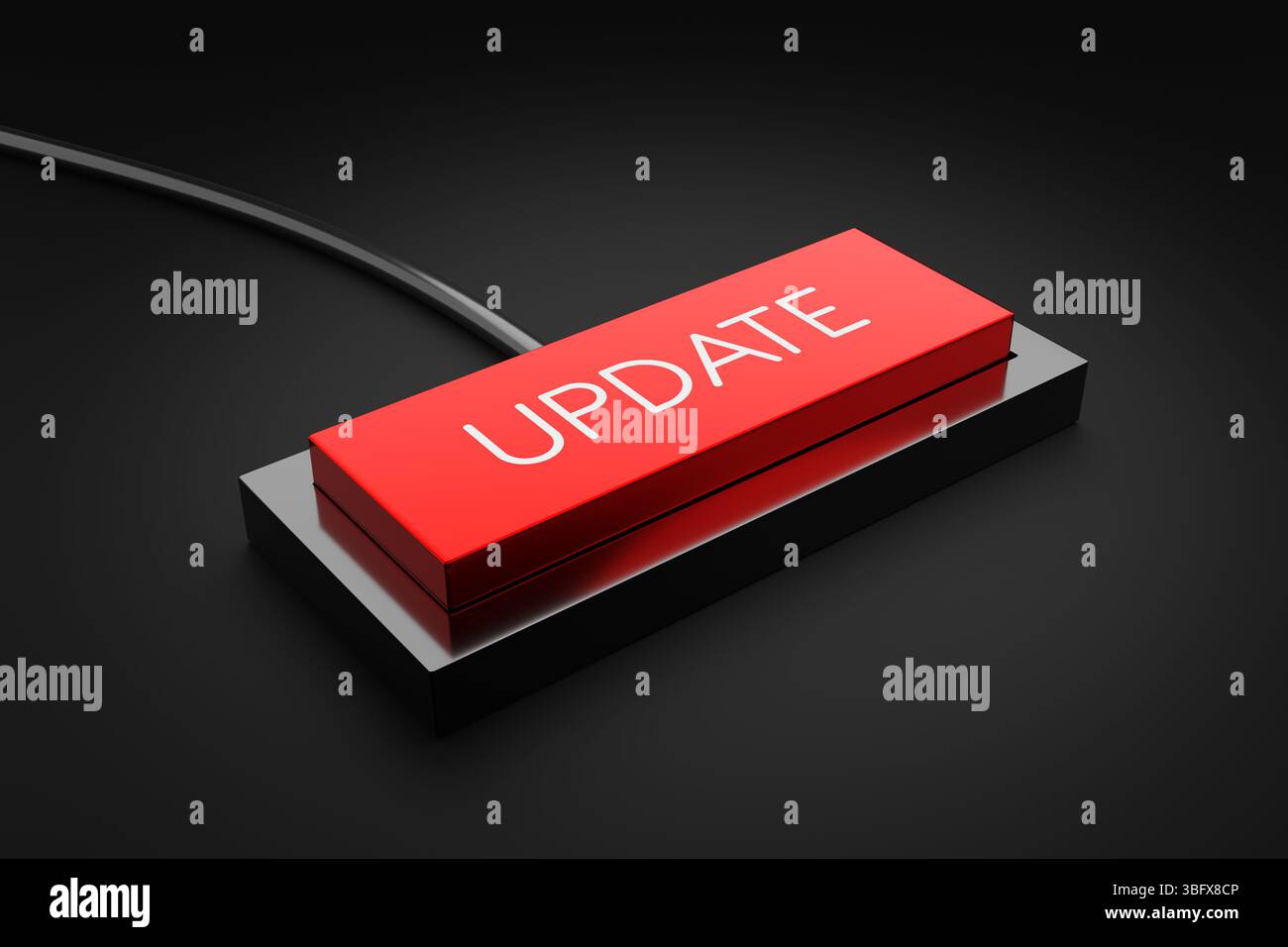 Red update button on a black background with cable connecting, showing ...
