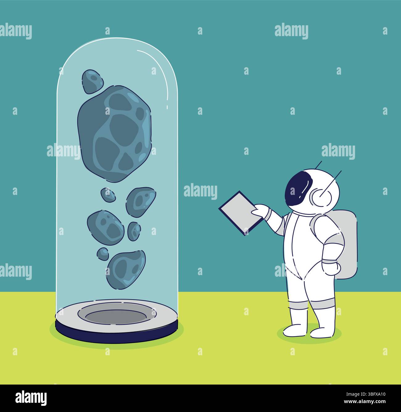 An Astronaut is Currently Observing Floating Meteorites Within a Glass ...