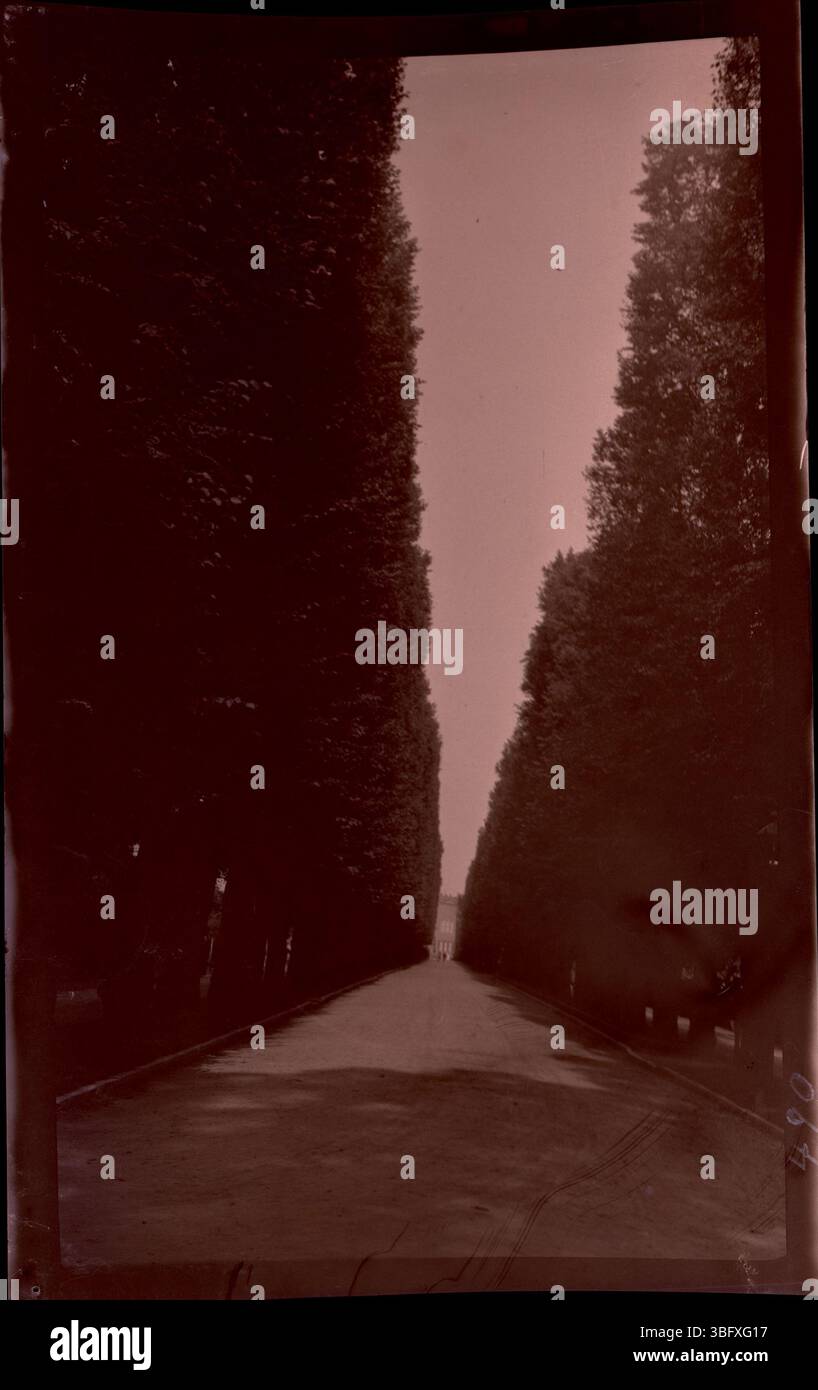 A straight, tree-lined drive leads to the New Palace of Potsdam in 1913 ...
