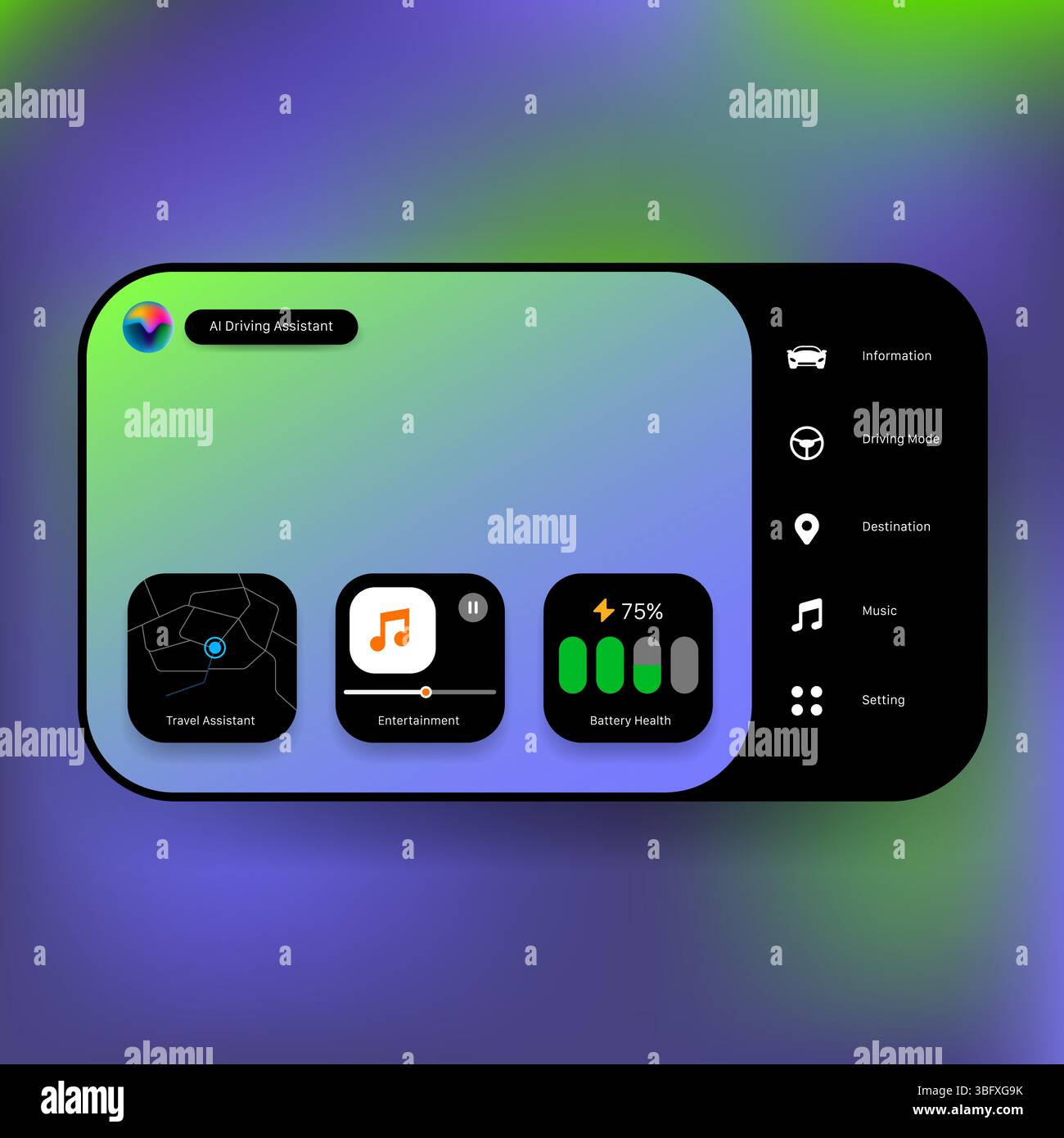 Modern head unit user interface for a smart car, featuring AI driving ...