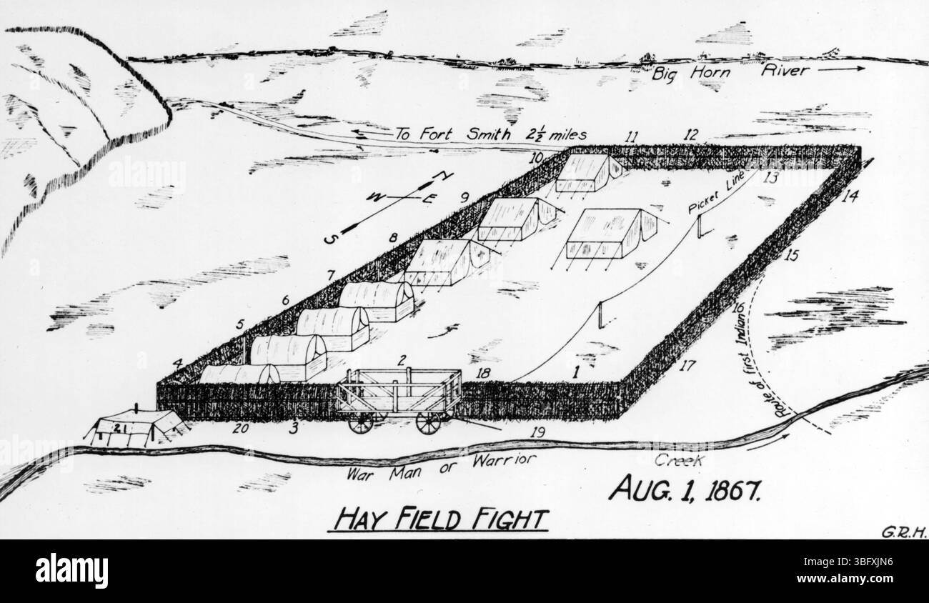 This map and drawing from the 1940s-1960s depict the Hay Field Fight in ...