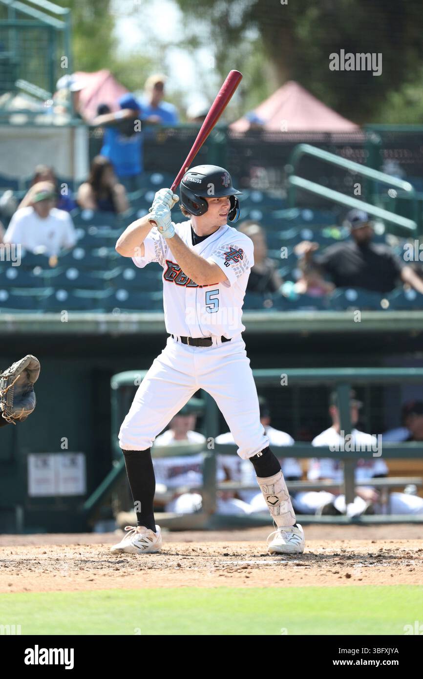 John Wimmer (5) of the Inland Empire 66ers bats against the Modesto ...