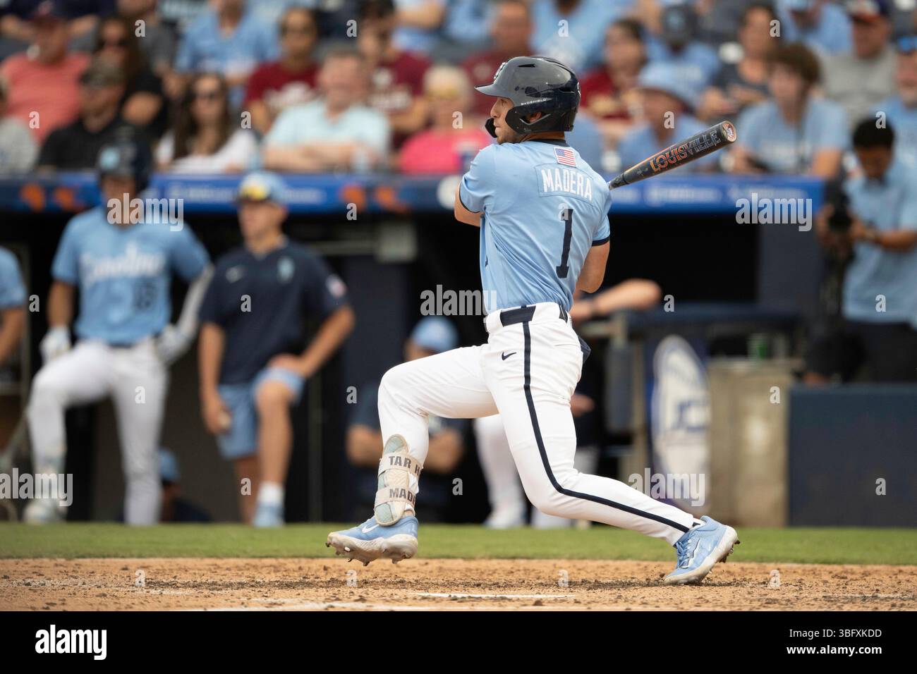 Alex Madera (1) of the University of North Carolina Tar Heels at bat in ...